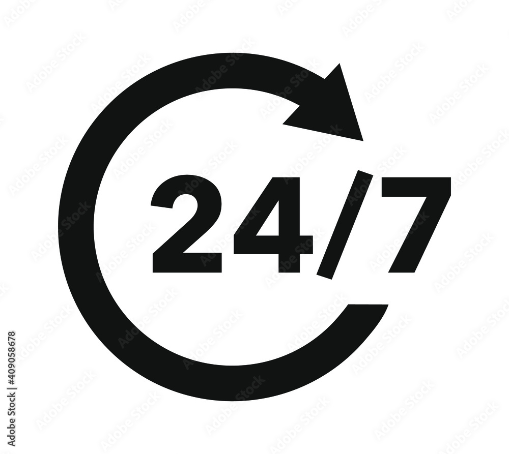 24/7 service icon. Customer service. Support sign. Round-the-clock work ...