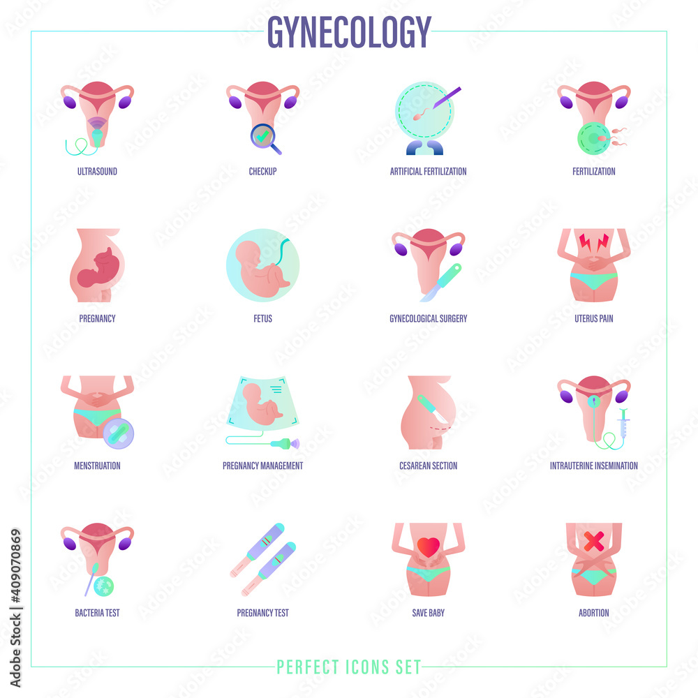 Gynecology flat gradient icons set. Ultrasound, check up, artificial ...