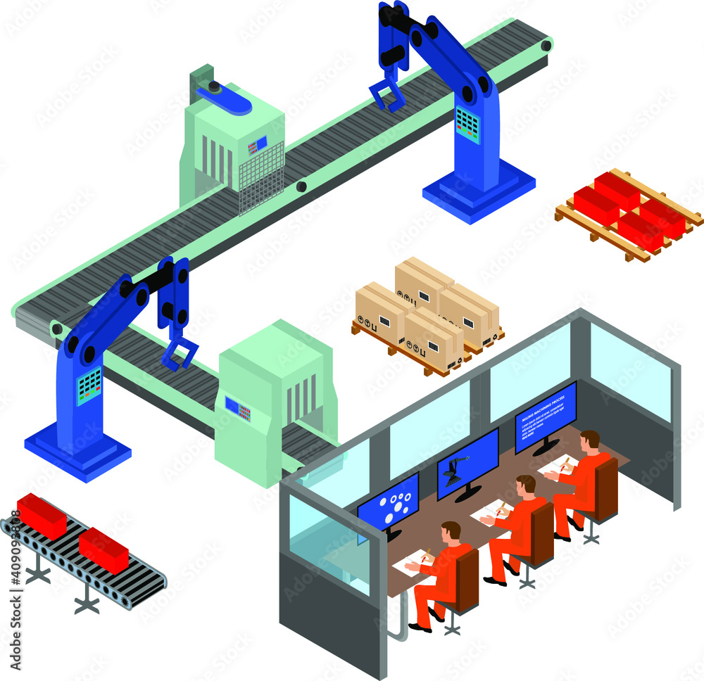 Automated factory assembly line with robotic arm and conveyor belt controlled manufacturing ...