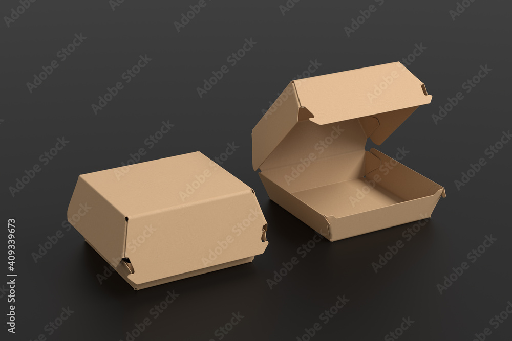Closed and opened cardboard food box mock up. Packaging for hamburger ...