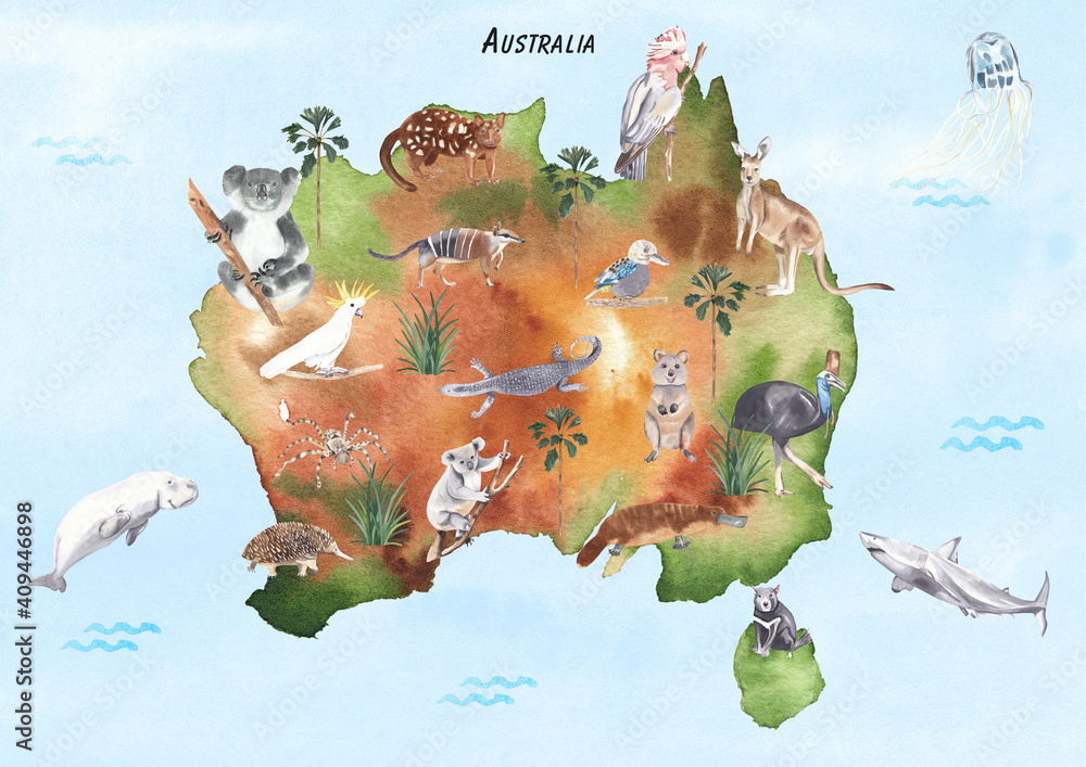 Australian map watercolor. Australian animals. Nursery wall art ...