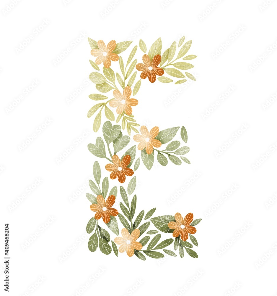 Letter E floral letter with orange flowers and green leaves. Lovely ABC ...