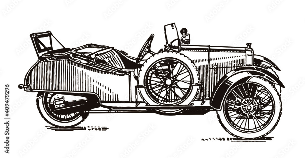 Antique three-wheeled cyclecar with rumble seat for children in side ...