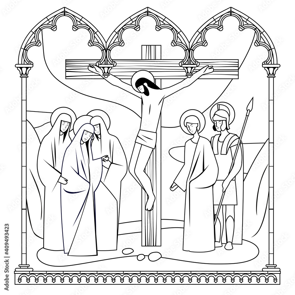 Scene of the Crucifixion of Christ in a classic Gothic frame. Linear ...