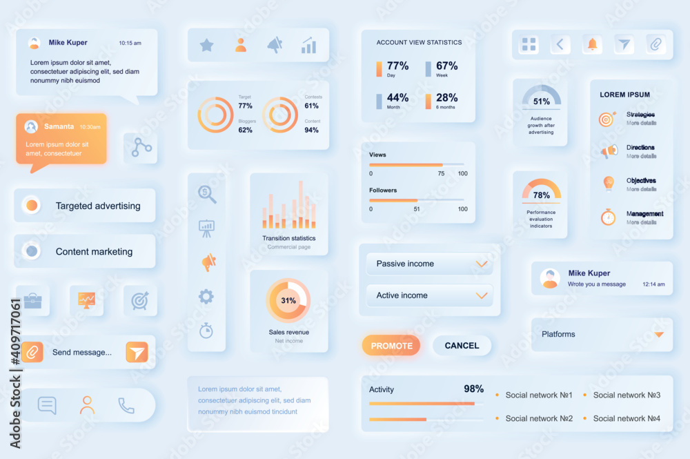 User interface elements for social media marketing mobile app. Unique ...