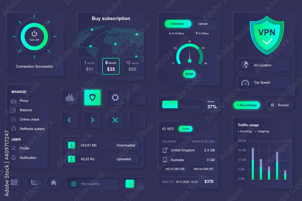 User interface elements for VPN service mobile app. Unique neumorphic ...