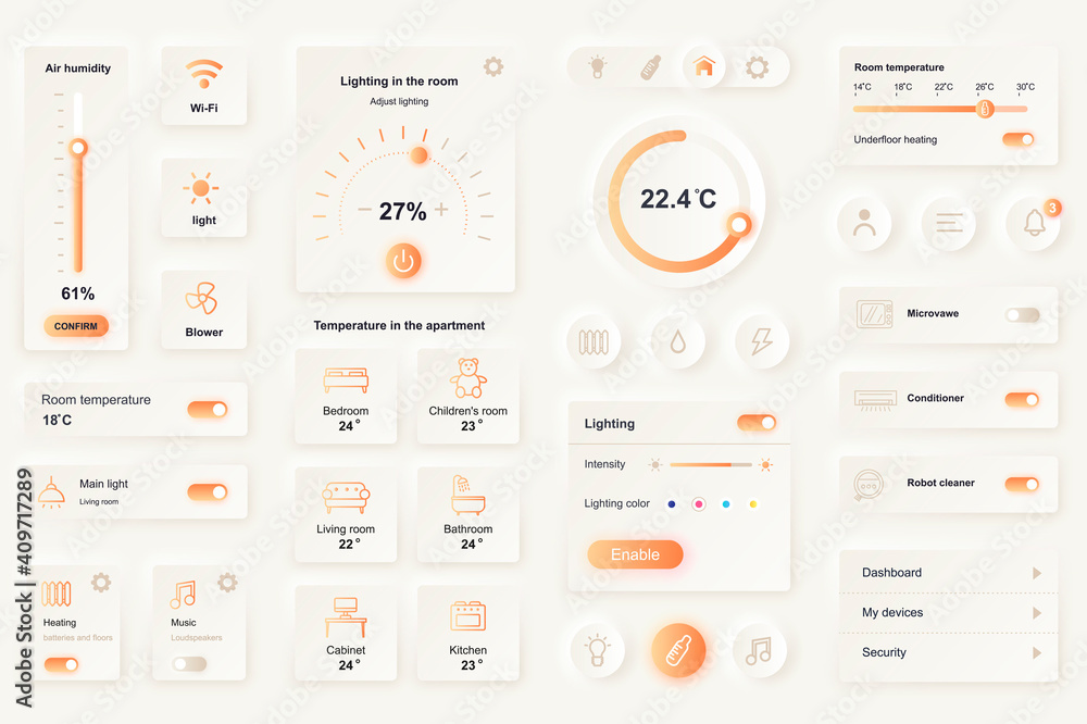 User interface elements for smart home mobile app. Unique neumorphic ...
