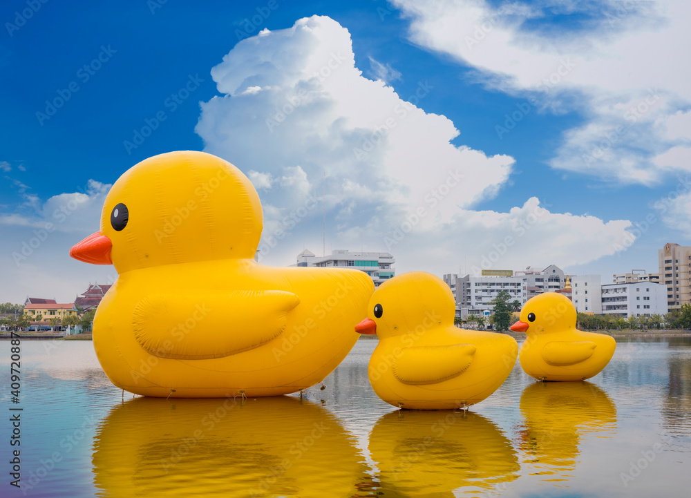 Three Floating Giant yellow rubber ducks in the lake of Udon thani ...