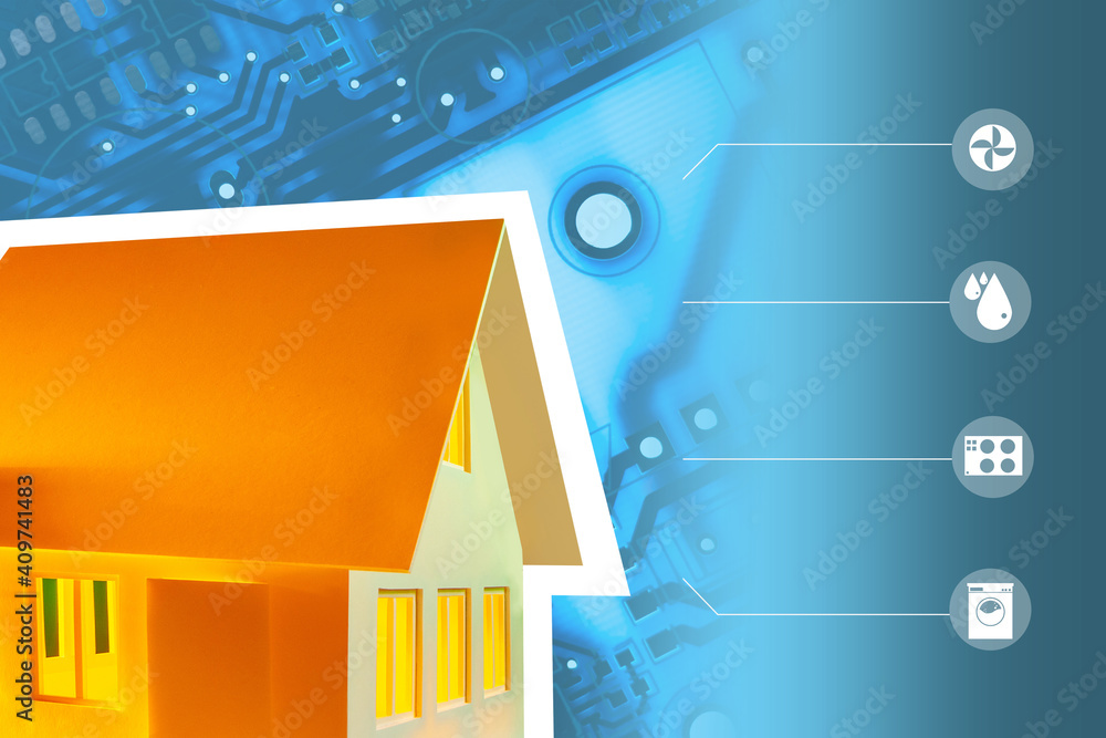 Concept banner of smart home technology. Layout of the building is ...