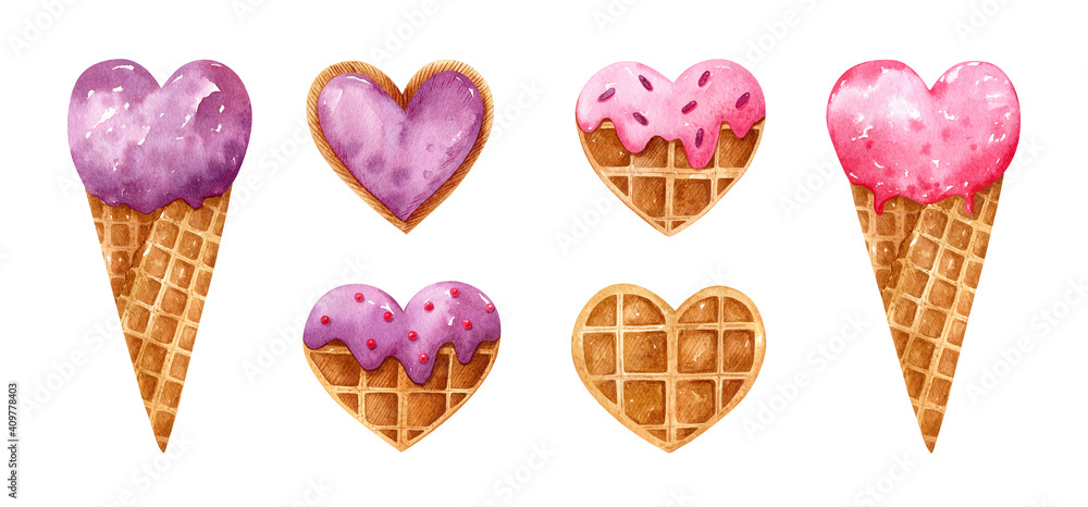 Valentine's day watercolor set with heart shaped desserts. Pink and ...