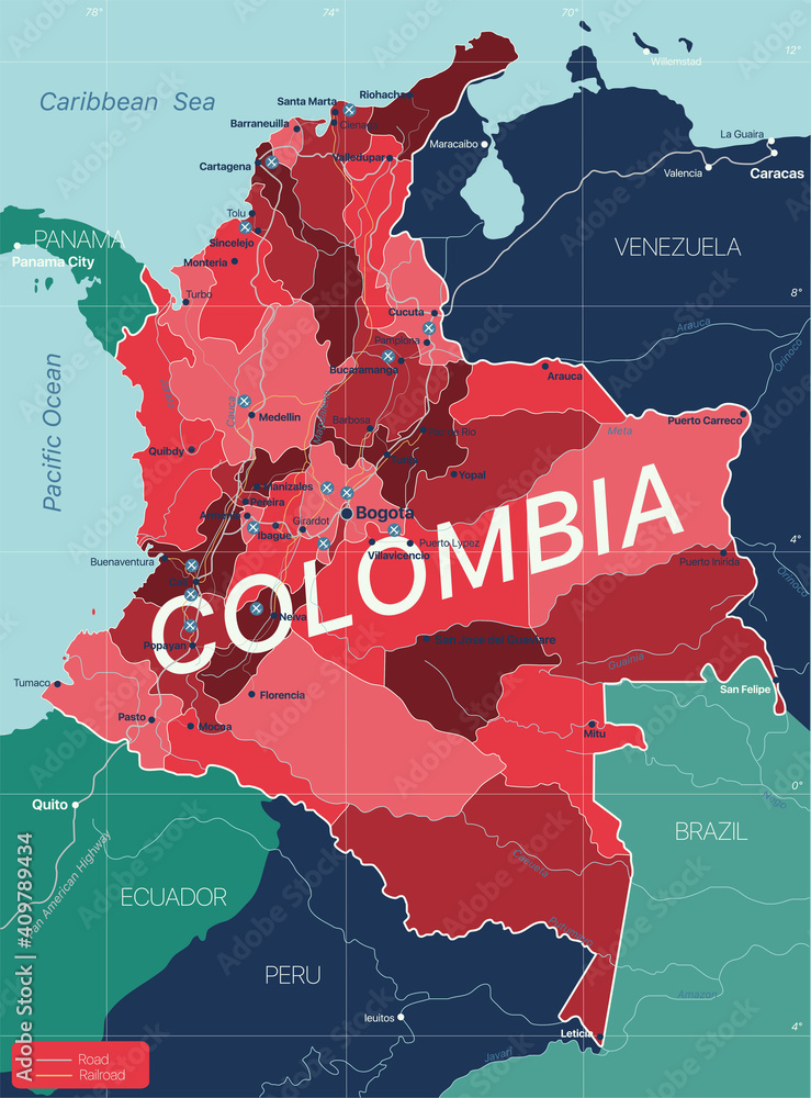 Columbia country detailed editable map with regions cities and towns ...