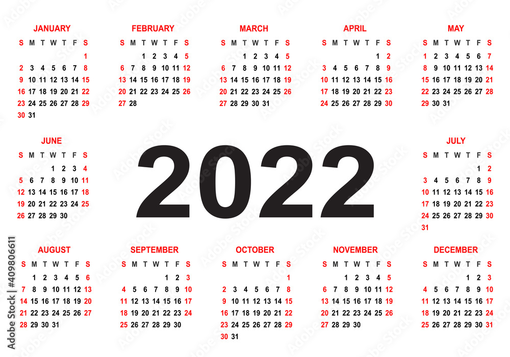 Calendar 2022. Week starts on Sunday. Basic grid Stock Vector | Adobe Stock