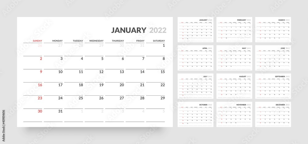 Monthly calendar template for 2022 year. Week Starts on Sunday. Wall ...