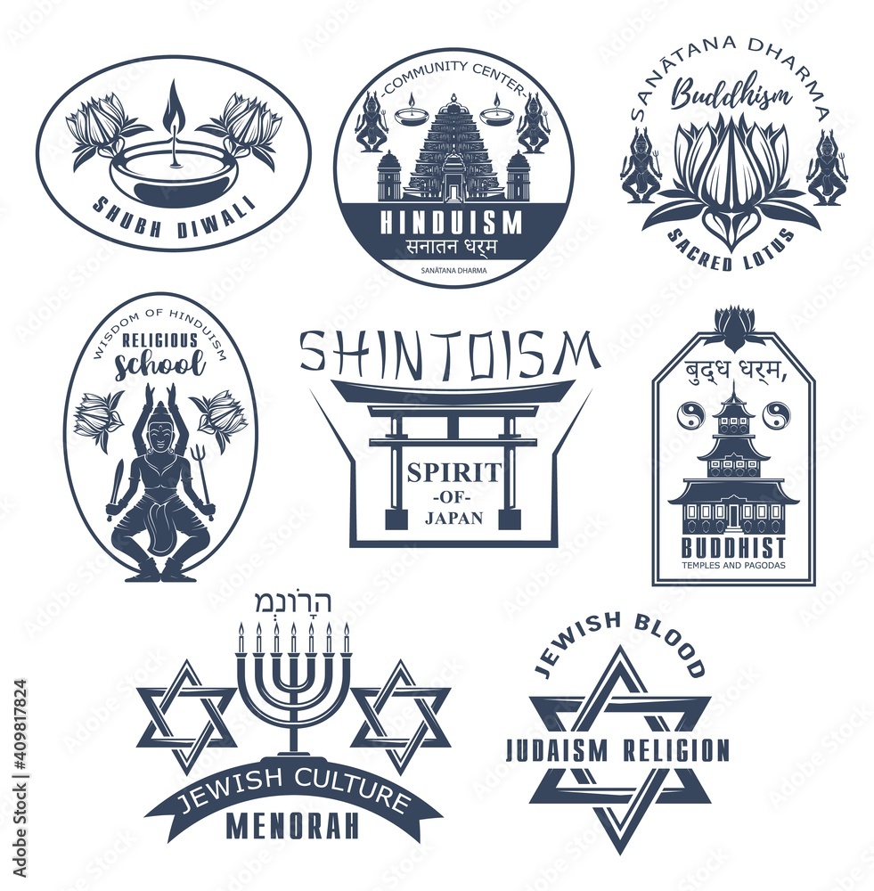 Religious vector icons buddhism, judaism, shintoism and hinduism world ...