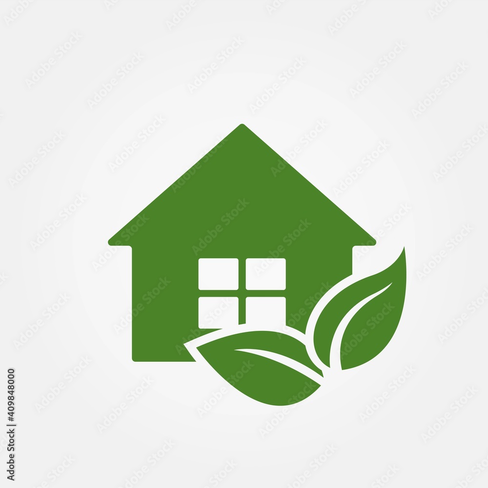 eco home icon. eco friendly building symbol. plant leaf and house ...