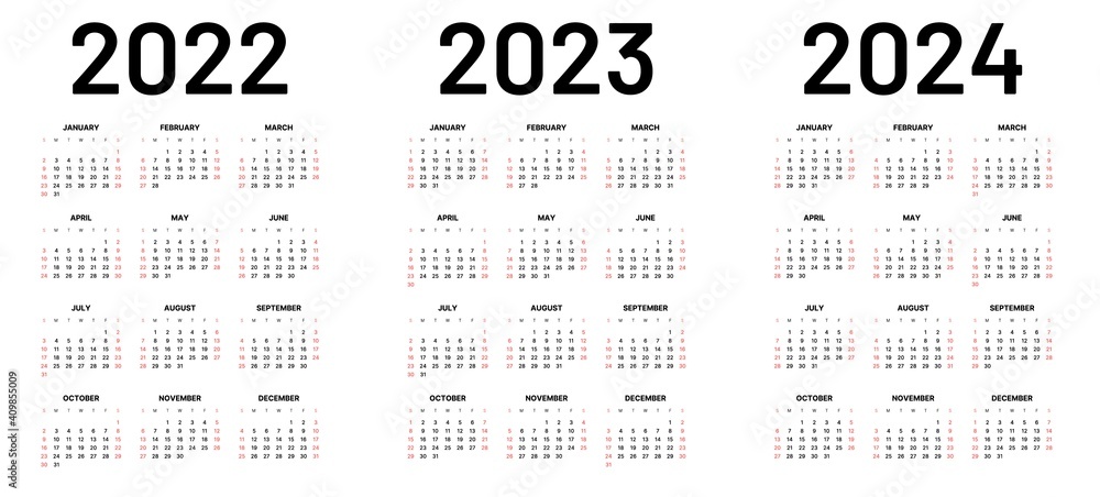 Monthly calendar template for 2022, 2023 and 2024 years. Week Starts on ...