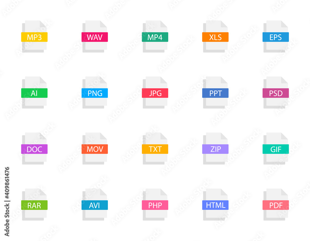 Collection of file type icons. Format and extension of documents. PDF ...