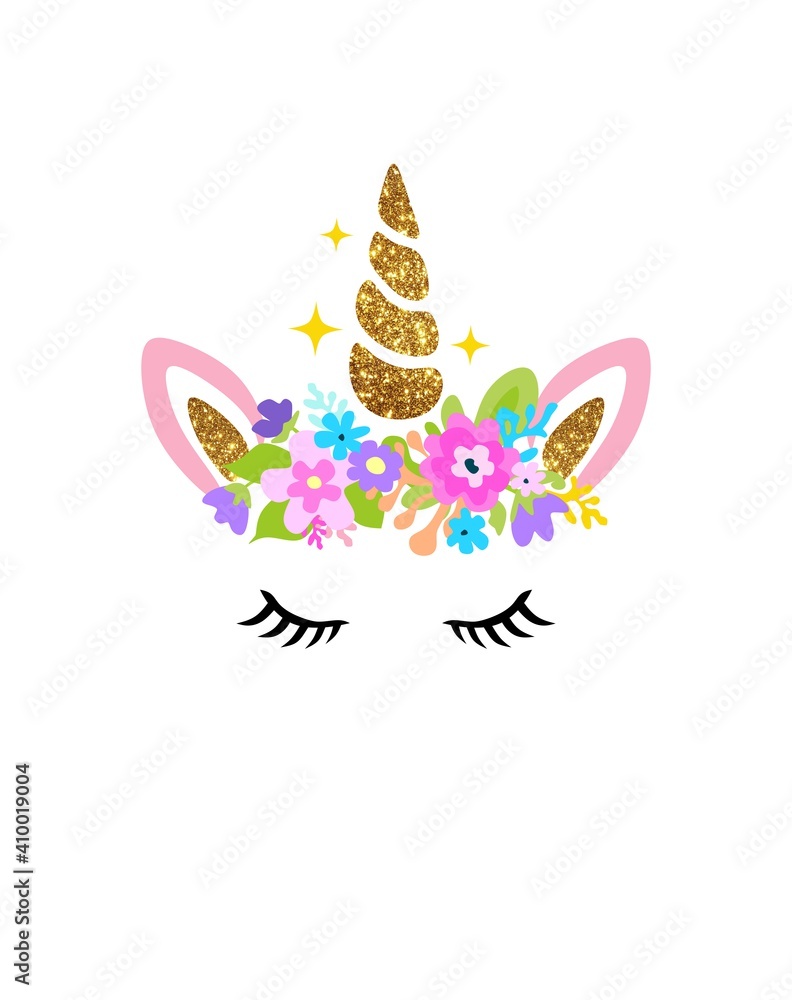 Cartoon pony unicorn head drawing illustration with glitter gold golden ...