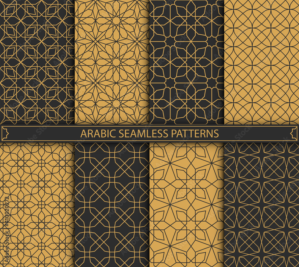 Collection of oriental arabic patterns. Black and gold background with ...