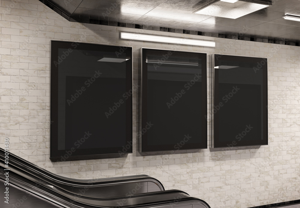 Three vertical billboards on underground wall Mockup. Hoardings ...