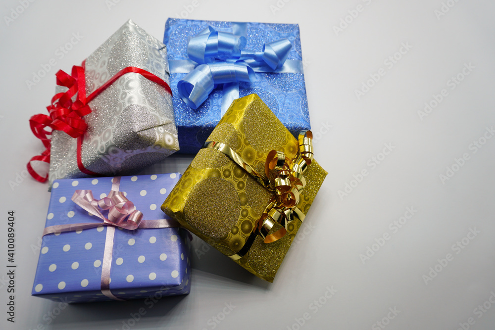 Boxes of presents and gifs of different shapes sizes and colours Stock ...