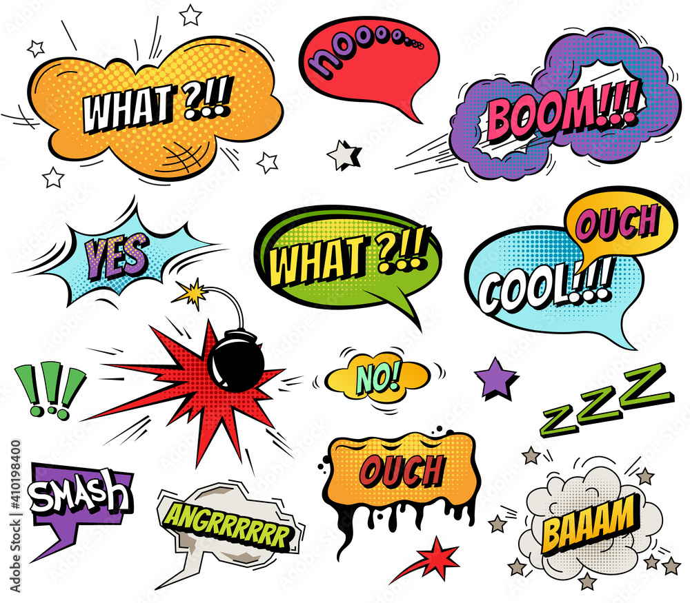 Comic speech bubbles and splashes set with different emotions and text ...