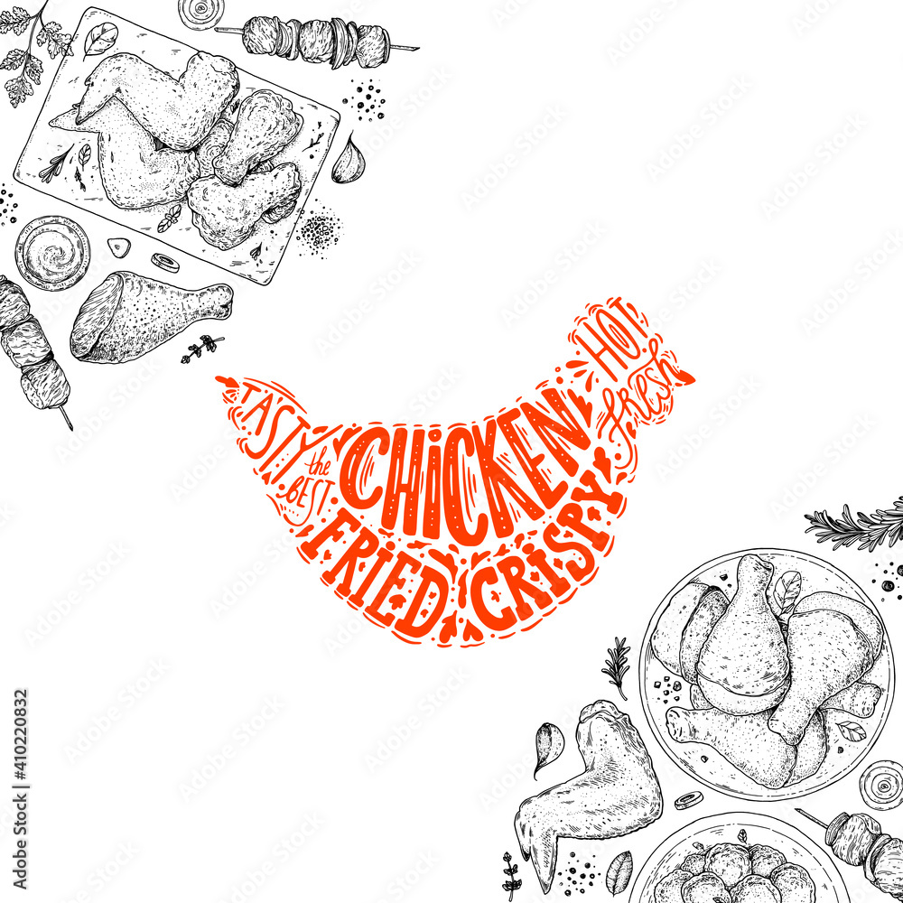 Chicken meat. Grilled and Fried chicken. Hand drawn sketch illustration ...