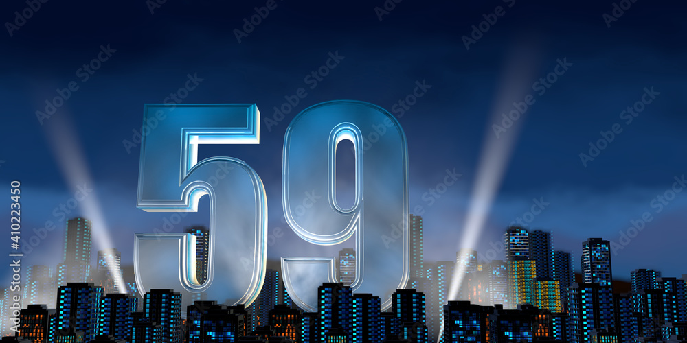 Number 59 in thick blue font lit from below with floodlights floating ...