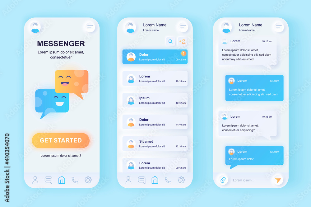 Online messenger unique neomorphic design kit. Social network texting ...