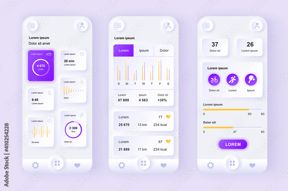Vector de Stock Health and activity tracking unique neomorphic design kit. Personal monitoring ...