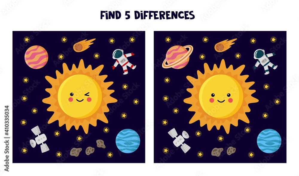 Find five differences between pictures. Sun and planets illustration ...
