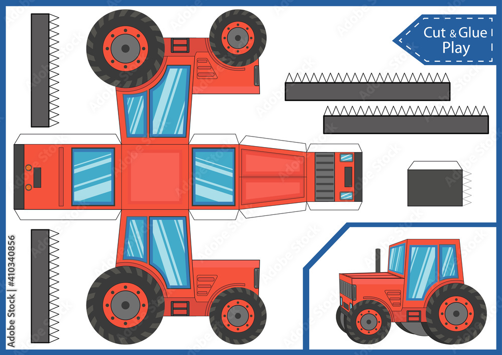 Vector de Stock Cut and glue 3d paper tractor. Kids craft game ...