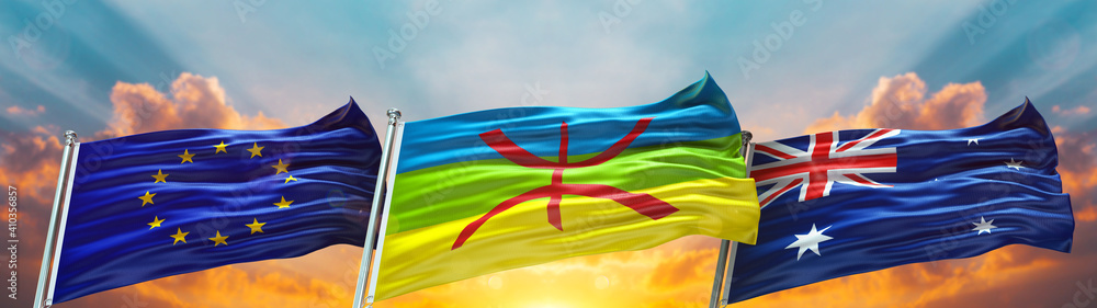 European Union Flag and Australia flag and Amazigh Kabyle Flag waving ...