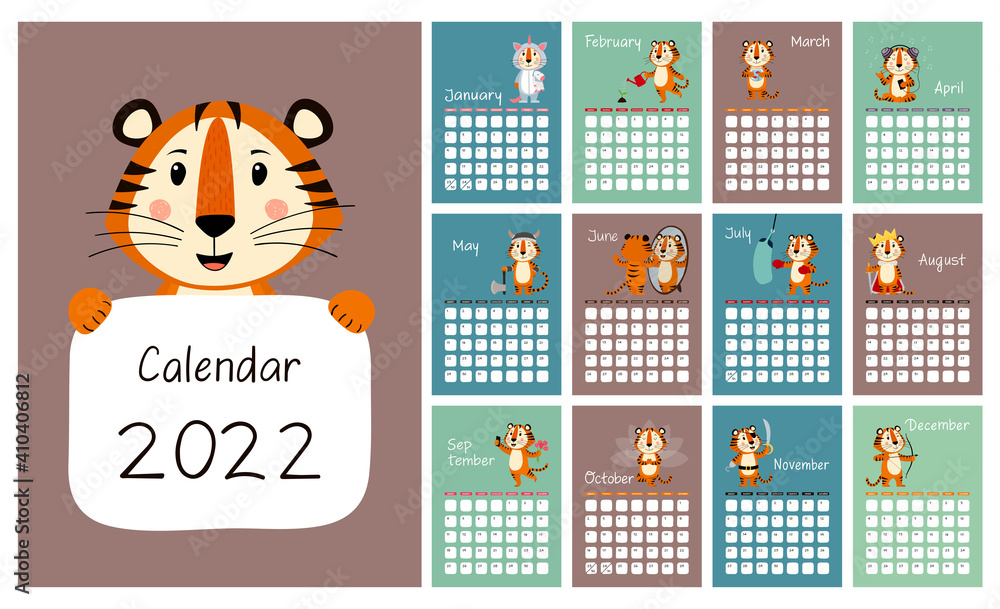 Wall calendar design template for 2022, the year of Tiger according to ...