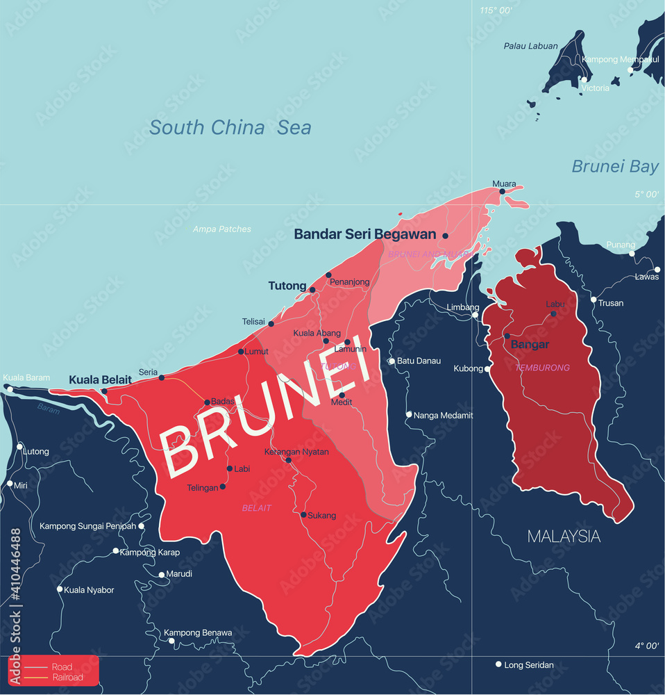 Brunei country detailed editable map with regions cities and towns ...