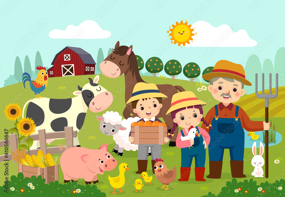 Vector illustration cartoon of happy farmer and kids with farm animals ...
