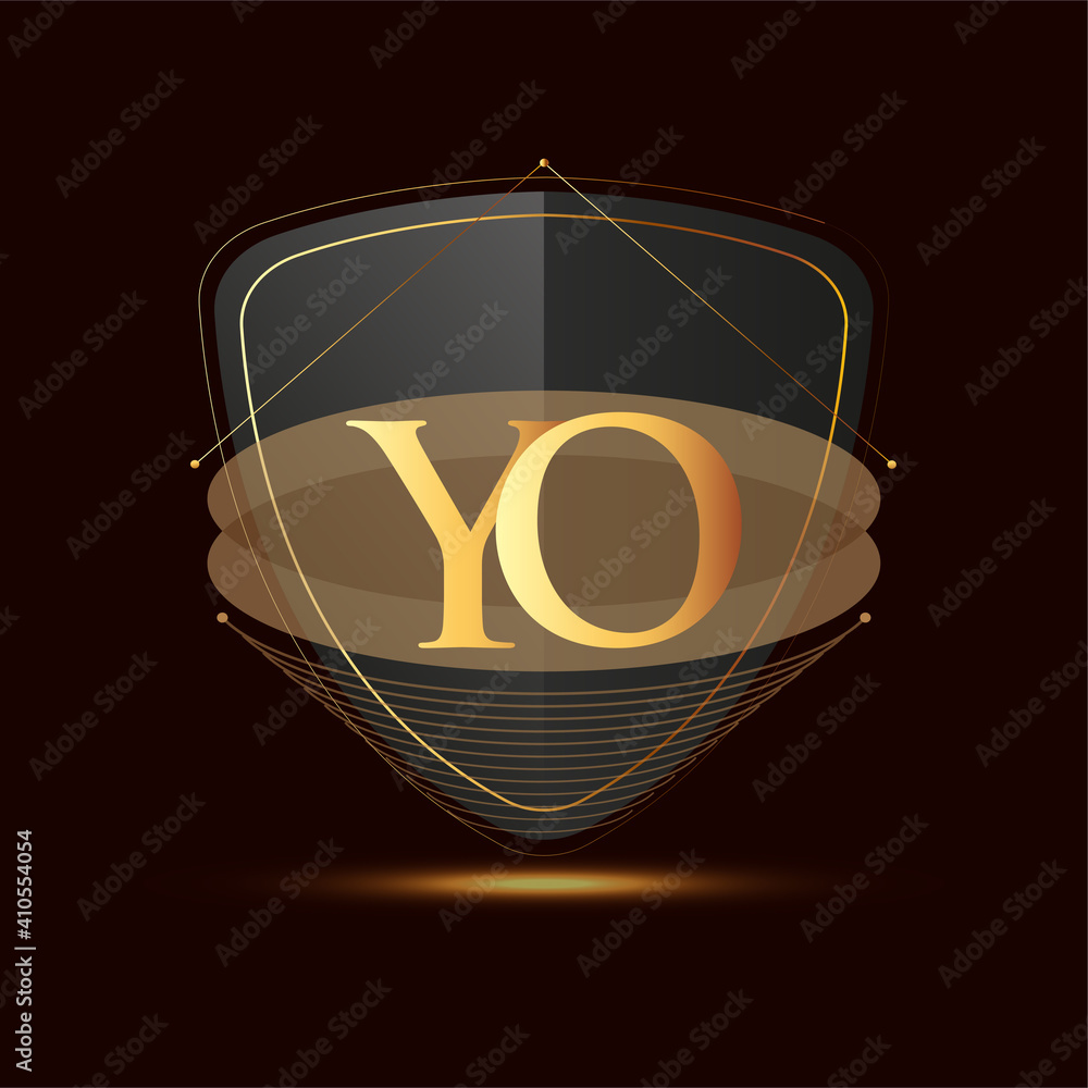 Initial logo letter YO with shield Icon golden color isolated on dark ...