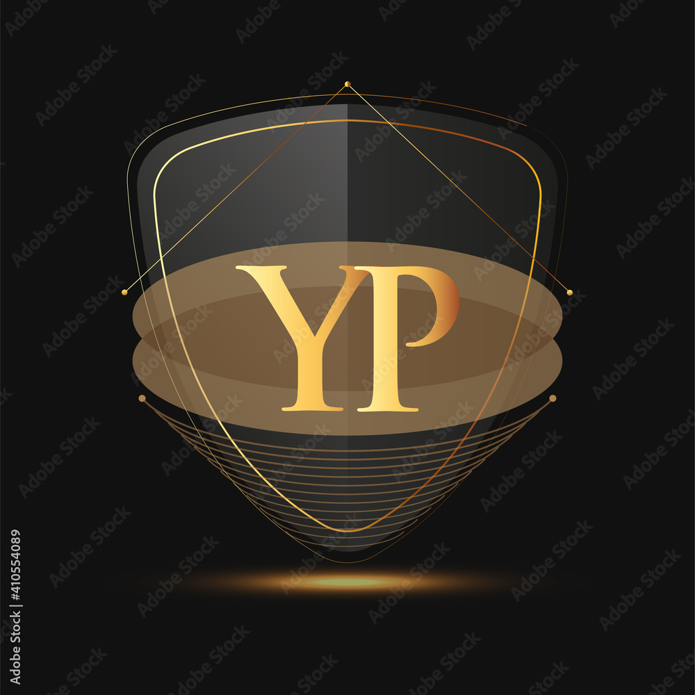 Initial logo letter YP with shield Icon golden color isolated on dark ...