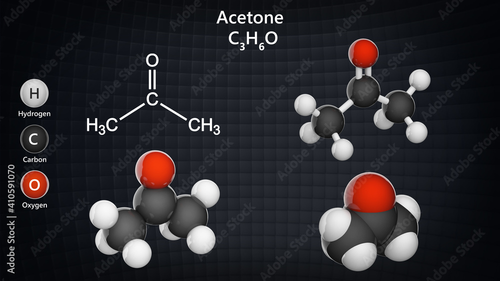 Structural chemical formula and molecular structure of acetone. Formule C3H6O. Chemical ...