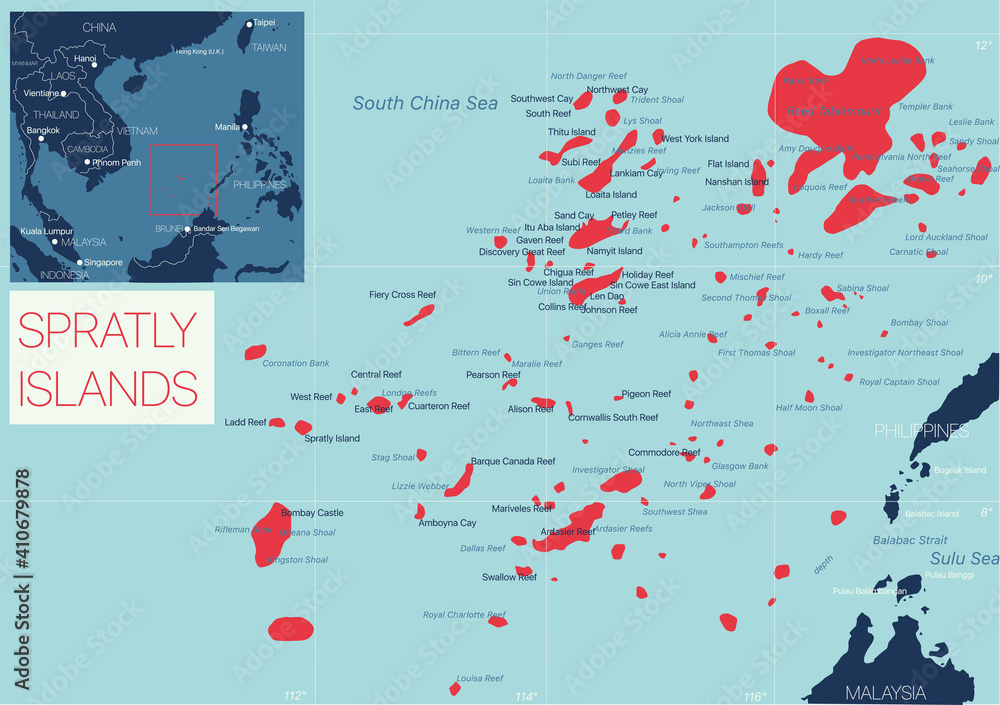 Стоковий вектор Spratly Island detailed editable map with cities and ...