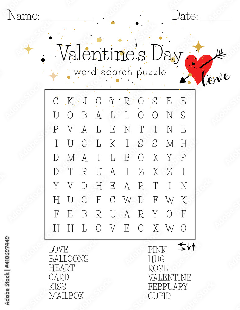 Valentine's Day word search puzzle. Educational game for learning ...