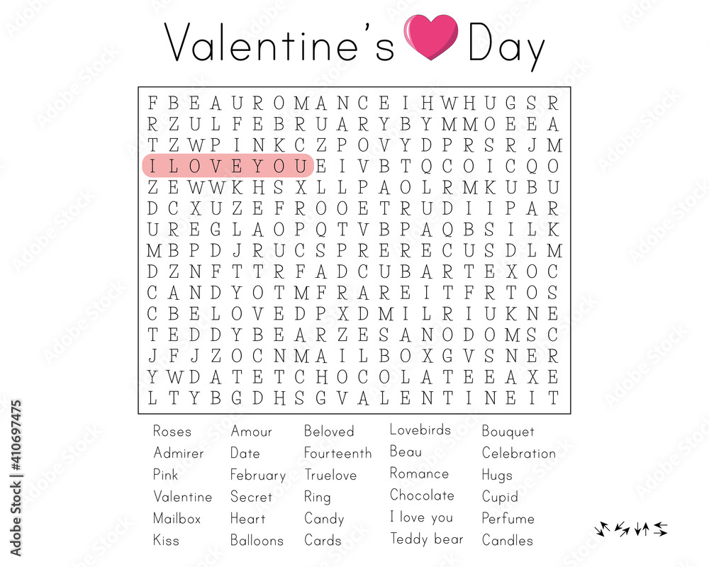 St. Valentine's Day word search puzzle. Educational game for learning ...