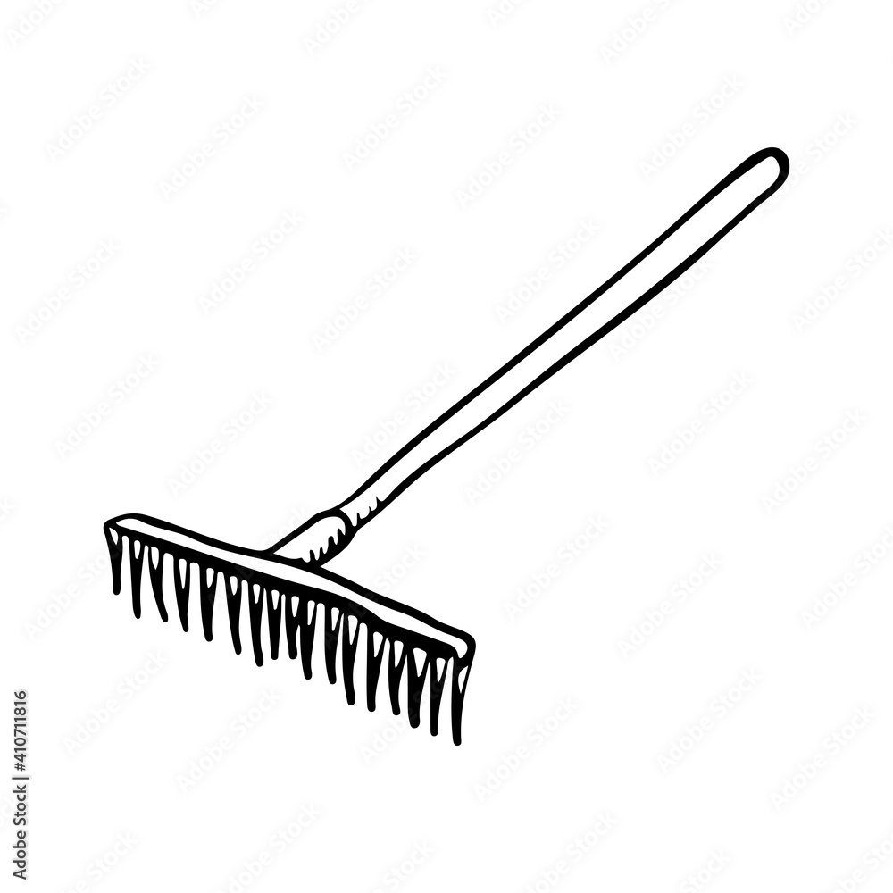 Rake icon. Black outline linear sketch drawing. Vector flat graphic ...