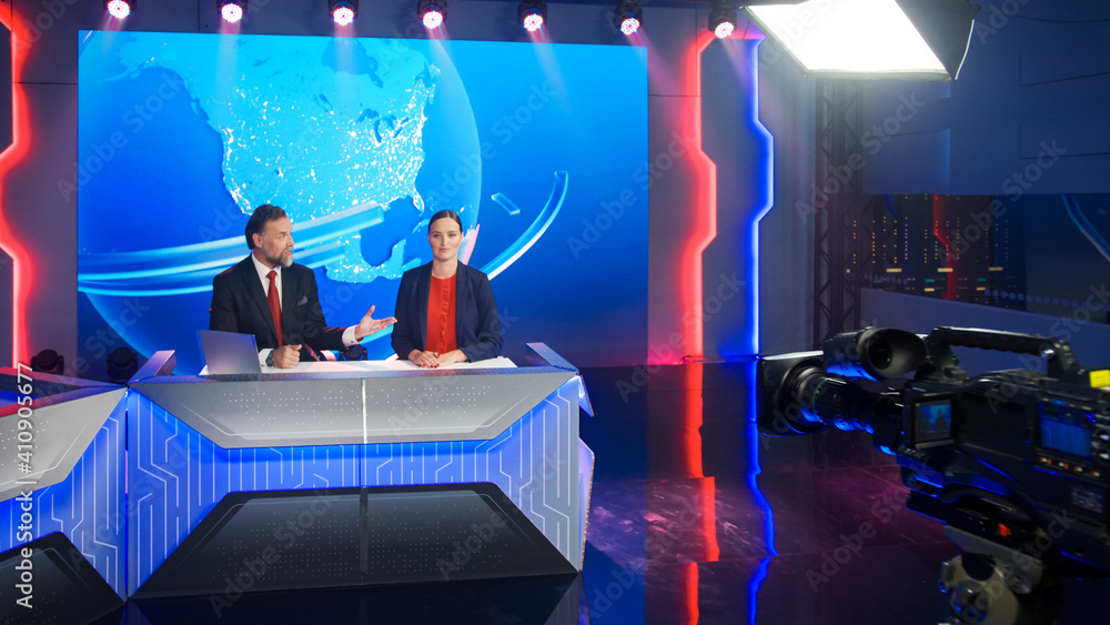 Live News Studio with Beautiful Female and Handsome Man Anchors Start ...
