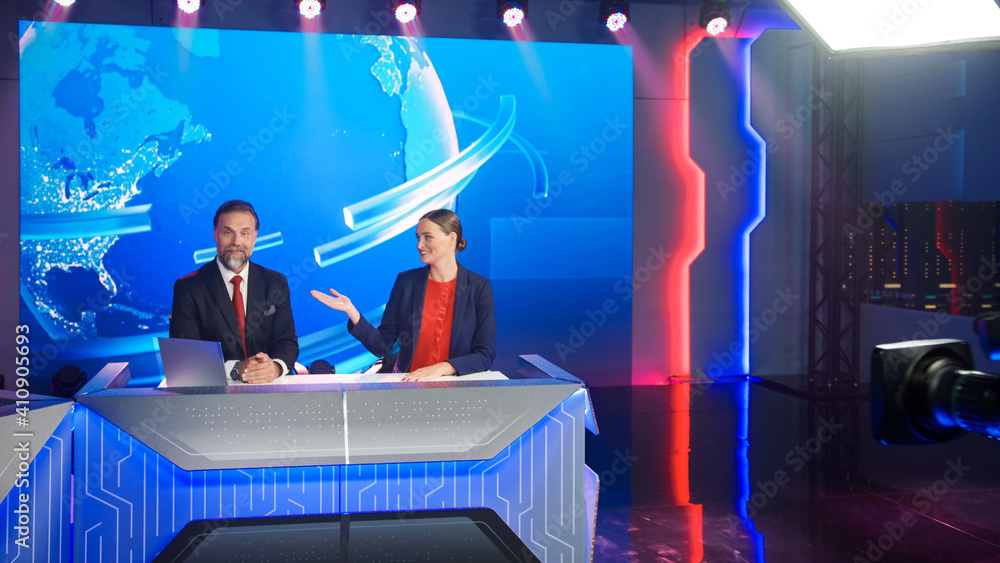Live News Studio with Beautiful Female and Handsome Man Anchors Start ...