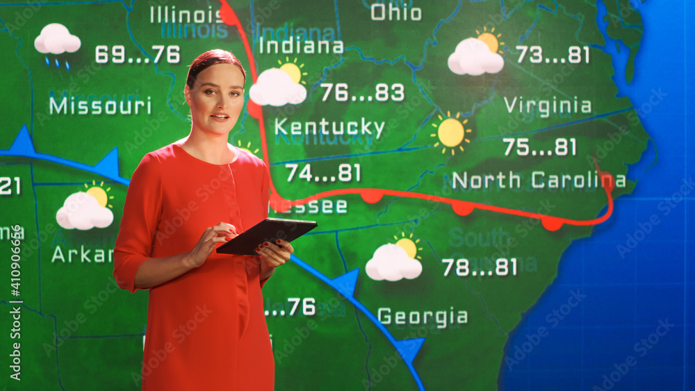Live Weather News Studio with Professional Female On-Camera ...