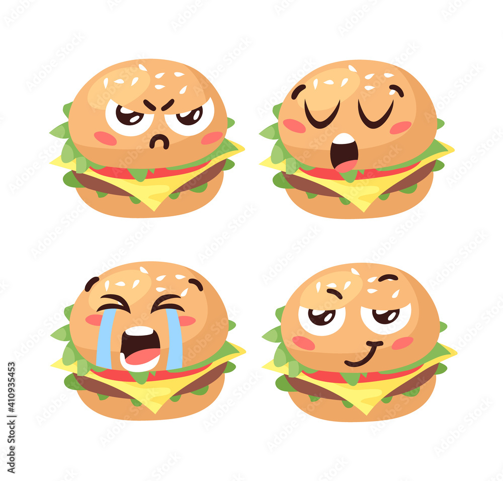 Hand Drawn Cartoon Illustration Burger Emoji. Fast Food Vector Drawing ...