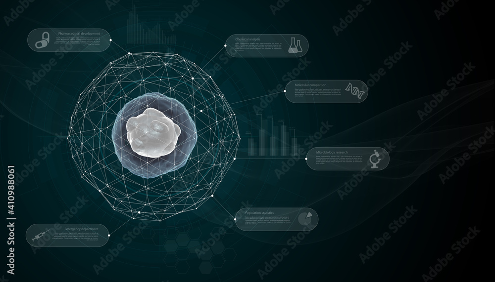 Human cell inside a polygonal mesh. Scientific background with medical ...