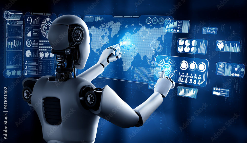 AI humanoid robot touching virtual hologram screen showing concept of big data analytic using ...