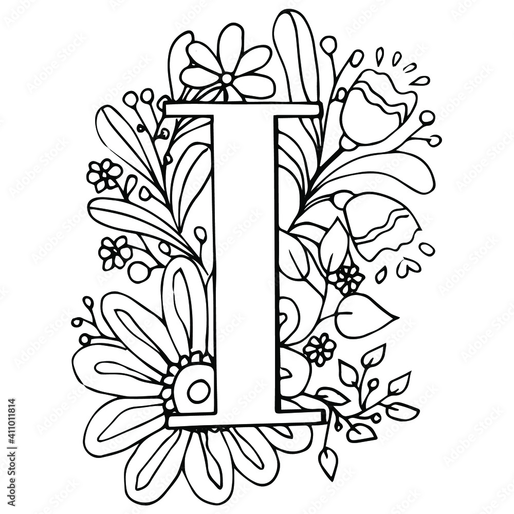 Letter I. Coloring - Anti-stress floral motifs. Alphabet symbols ...